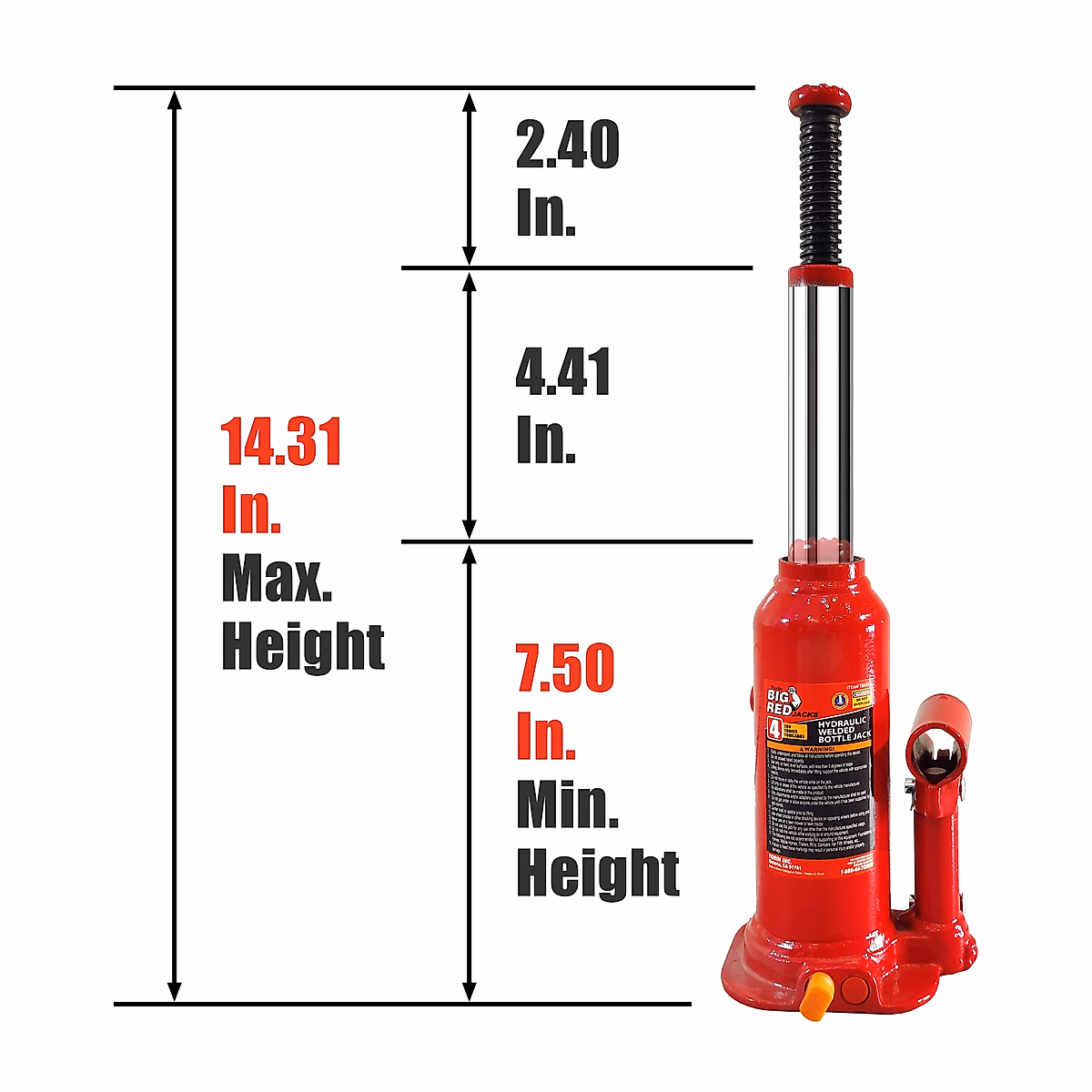 BIG RED T90403B Torin Hydraulic Welded Bottle Jack, 4 Ton (8,000 lb) Capacity, Red