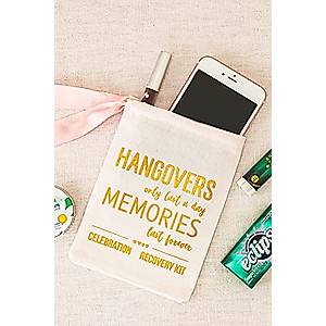 Bridal Shower Party Gift Bags, 5x7 Inch GOLD Foil"HANGOVERS",Bachelorette Hangover Kit Bags 10 Pcs Cotton Recovery Kit Bags Muslin Drawstring Bag for Bridal Shower Wedding Party Gift Decoration