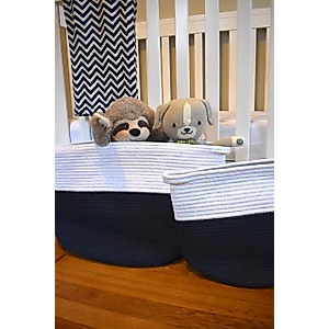 StorageWorks 100% Natural Cotton Rope Hand-Woven Basket- Two Color Design- White & Navy Blue- 2 Pack