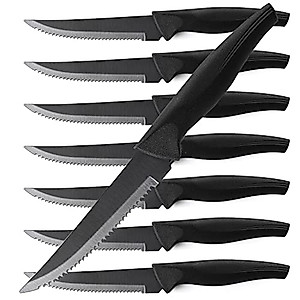 Wanbasion Black Stainless Steel Serrated Steak Knives Set of 8, Steak Knives Dishwasher Safe -Scratch Resistant