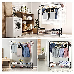 OYEAL Clothing Rack with Shelves Freestanding Garment Rack Clothing Rack on Wheels for Indoor Bedroom Hanging Clothes Hats and Shoes Black