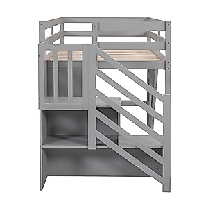 WOXYX Twin Size Loft Bed,Wood Beds Frame with Storage Staircase and Window,Grey