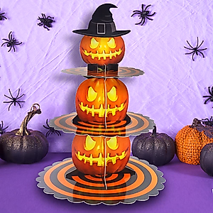 3-Tier Halloween Cupcake Stand for Dessert Table, Halloween Pumpkin Cupcake Tower Halloween Tray Orange Cardboard Cake Dessert Stand for 24 Cupcakes Halloween Party Carnival Decorations