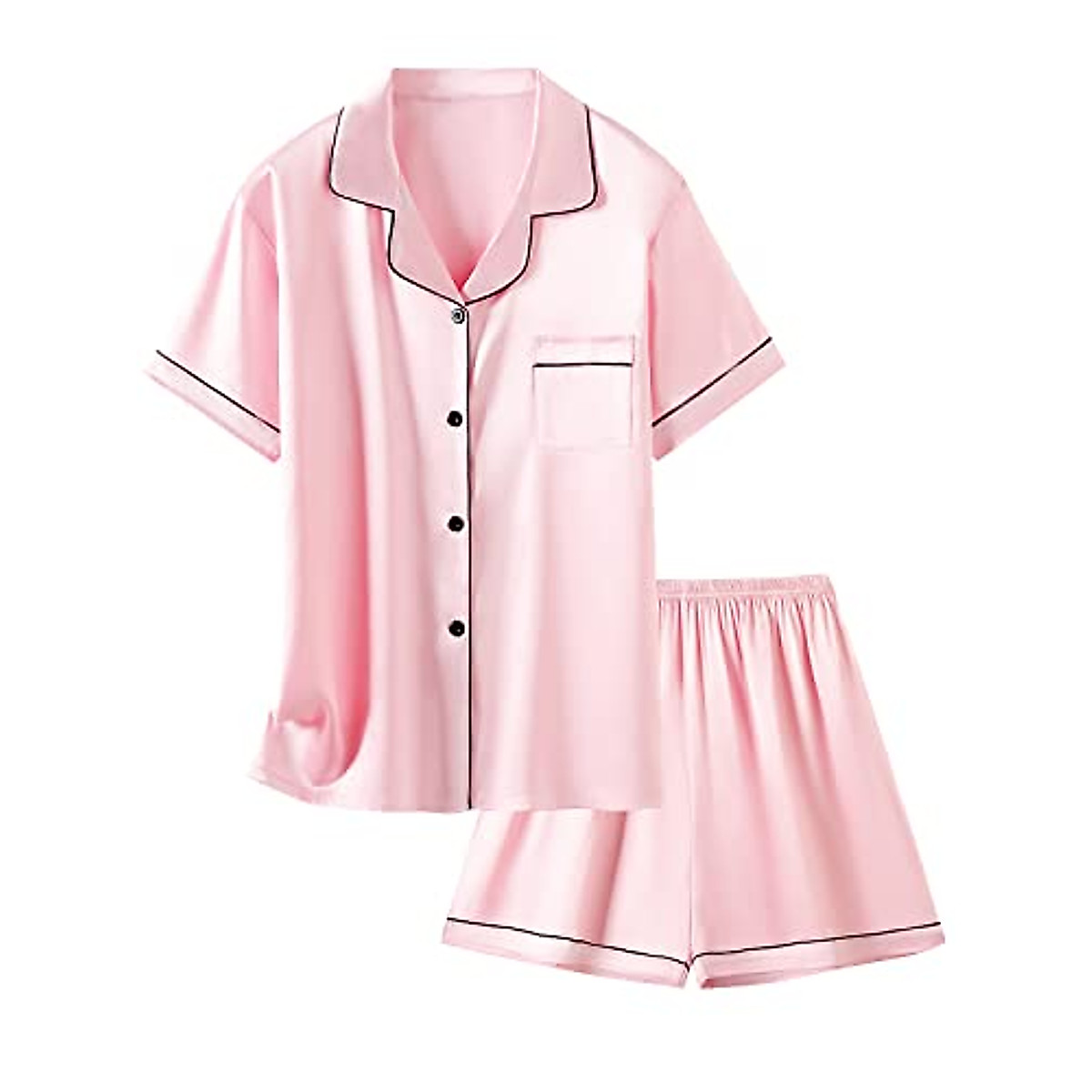 Silk Pajamas for Women, 2 Pcs Comfy Sleepwear Short Sleeve Button Down Sexy Satin Summer Soft Pjs Set, Pink, Medium
