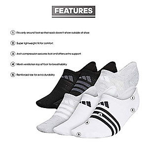adidas womens Superlite Super No Show Socks (6-Pair), White/Cool Light Heather/Black, Medium