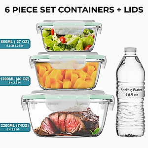 Extra Large Glass Food Storage Containers with Airtight Lid 6 Pc [3 containers with lids] Microwave/Oven/Freezer & Dishwasher Safe. BPA/PVC Free X-Large/Large/Medium Size Reusable Square container set