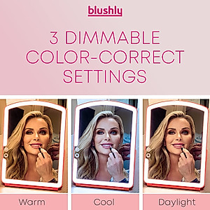 BLUSHLY Super Slim LED Lighted Folding Mirror, Rechargeable Portable Vanity Mirror with Lights, 72 Bright LED Cool, Warm, Daylight Settings - 7.5 x 10.6 inches