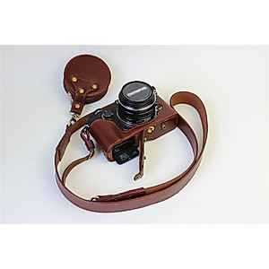 Olympus Pen-F Case, BolinUS Handmade Genuine Real Leather Fullbody Camera Case Bag Cover for Olympus Pen-F Bottom Opening Version with Neck Strap - Brown