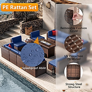 Jolydale Patio Furniture 15 Pieces Outdoor Furniture Set with 40" Fire Pit Table Wicker Rattan Sectional Conversation Set with Coffee Table for Patio, Garden, and Backyard (Blue)