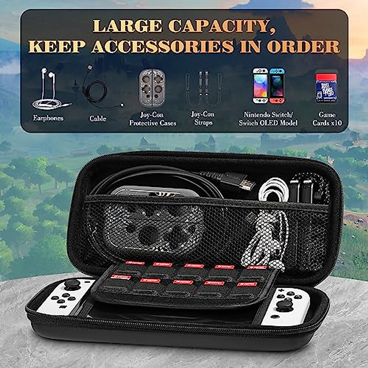 MoKo Carrying Case for Nintendo Switch OLED/Nintendo Switch, Hard Shell Travel Carry Case w/10 Games Slots, Zelda Switch Case for Zelda Tears of the Kingdom & Nintendo Switch Accessories, Black Golden