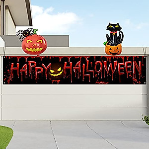 Happy Halloween Banner with Balloon Halloween Scary Bloody Yard Sign Banner for Outdoor Indoor Halloween Party Decorations Supplies Black and Red Theme Party