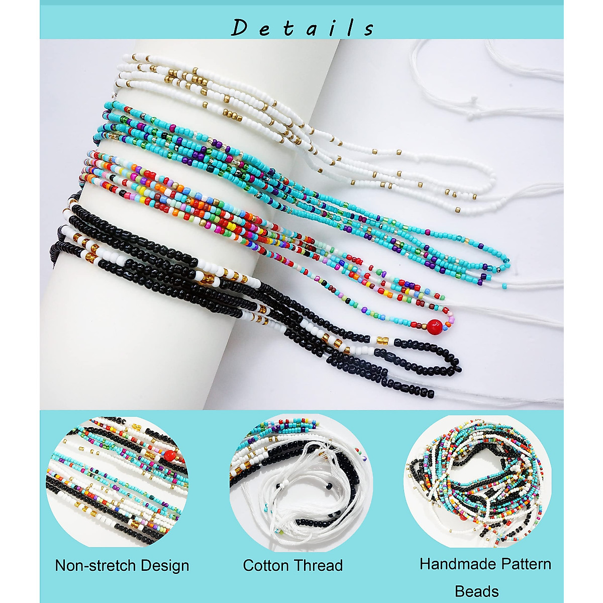 50 Inch Waist Beads for Women African Waist Beads Plus Size Layered Colorful Belly Beads Body Jewelry Non-Stretching Belly Chains（4PCSTurquoise)