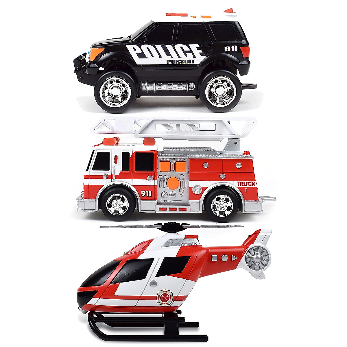 Sunny Days Entertainment Maxx Action Mini Rescue Vehicles 3 Pack | Rubber Tires | Lights & Sounds | 8 Assorted Styles | Helicopter - Fire Truck - Ambulance | Color & Style May Vary