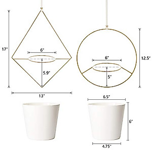 Mkono Boho Metal Hanging Planter with Plastic Pots, Set of 2 , Modern Mid Century Flower Pot Plant Holder in Diamond and Circle Shape, Fits 6 Inch , Gold
