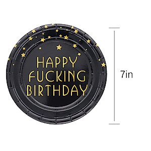 Pandecor Black and Gold Happy FING Birthday party supplies,50PCS Disposable Paper Plates 7 Inch Cake Plates for Adult Funny Birthday Party