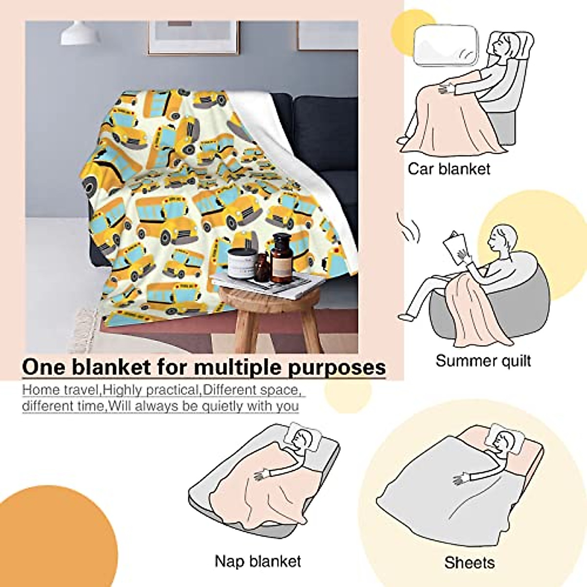 School Bus Soft Flannel Fleece Throw Blanket, Vehicle Illustrations Background Pattern for Kids, Cozy Plush for Indoor and Outdoor Use Lightweight Blanket 40"x50"