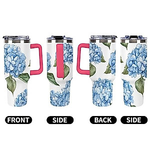 40 Oz Vacuum Tumbler with Light Rose Red Handle Leakproof Insulated Tumbler Blue Hydrangea Pattern Stainless Steel Travel Mug with Lid And Straw Coffee Cup Cute Water Bottles Cup Holder Friendly