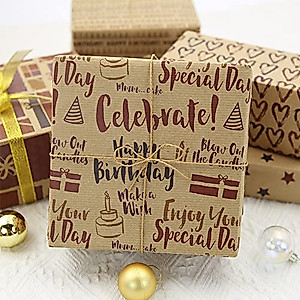 Kraft All Occasion Gift Wrapping Paper Birthday Gift Wrap 6 Sheets For Men Women Boys Girls Kids | Dark Pupple Brown Blue | For Birthdays Fathers Day Halloween Weddings Showers Holidays Thanks Giving Christmas Gifts