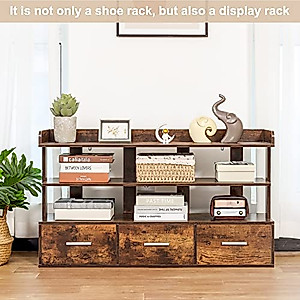 usikey Vertical Shoe Rack, 3-Tier Wooden Shoe Racks with 3 Bottom Drawers & 2 Hooks, Shoe Storage Shelf, Modern Shoe Rack Organizer for Entryway, Hallway, Closet, Rustic Brown
