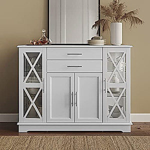 BELLEZE Sideboard Buffet Cabinet, 47 Inch Storage Cabinet Console Table Coffee Bar Cabinet Kitchen Cupboard Pantry Cabinet Glass Display Cabinet for Lving Room Entryway Dining Room, White