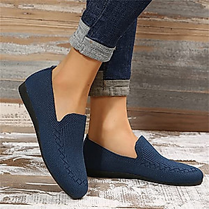 Ladies Fashion Solid Color Breathable Knitting Comfortable Flat Casual Shoes Womens Slip on Walking Shoes Lightweight Casual Blue