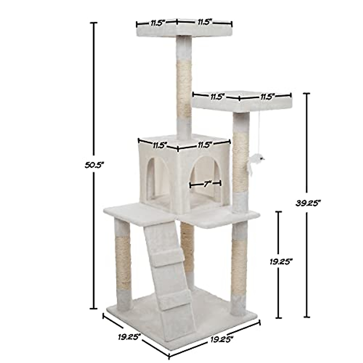 4-Tier Cat Tower - Tree with Napping Perches, Cat Condo, Ladder, 5 Sisal Rope Scratching Posts, and Hanging Toy for Indoor Cats by PETMAKER (White)