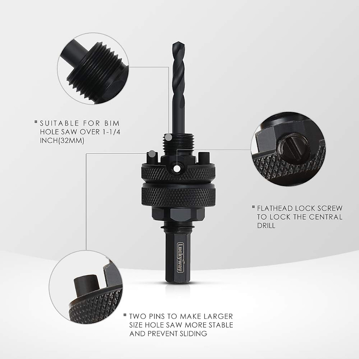 Luckyway 3-Piece Hole Saw Mandrel,Fit 3/4-Inch to 6-Inch Diameter,Including 7/16-Inch and 3/8 Inch Shank Hole Saw Arbor and 3-Piece 1/4 Inch HSS(M2) Central Drills
