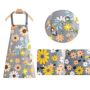 2 Packs Kitchen Bib Aprons for Women with Pockets Cute Sunflower Floral Blue Grey Adjustable Cotton Canvas Flower Chef Cooking Apron for Cooking Baking Gardening Birthday Gifts for Mom Wife Grandma