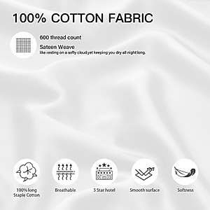 Deep Dream 100% Cotton Pillow Cases Standard Size Set of 2, Luxuriously Soft Hotel Quality 600 Thread Count, Cotton Pillowcases Standard with Envelop Closure, 20x26 Inches(Pure White)