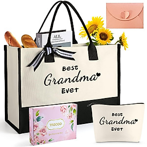 Grandma Gifts Christmas, Embroidery Can-vas Tote Bag w Makeup Bag Inner Pocket Gifts Box Card Set for Women, Gifts for Grandma, Grandma Bag, Personalized Grandma Birthday Gifts, Best Grandma Ever
