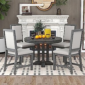 POCIYIHOME 5 Piece 4 Upholstered Farmhouse Round Extendable 16" Wood Leaf, Set of 5, Family Dining Table/Chairs Set for Dinner Restaurant, Kitchen (Black)