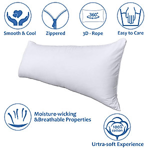 Precoco Body Pillow Pillowcase, 100% Cotton White Body Pillow Cover with Double Zipper, 20" x 54" Super Soft 600 Thread Count Case Covers for Easy Put in & Off, 1 Pack