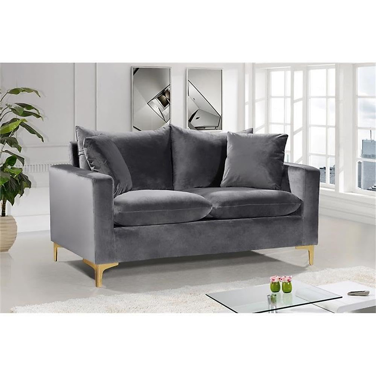 Meridian Furniture Naomi Collection Modern | Contemporary Grey Velvet Upholstered Loveseat with Stainless Steel Base in a Rich Gold or Chrome Finish, 633Grey-L