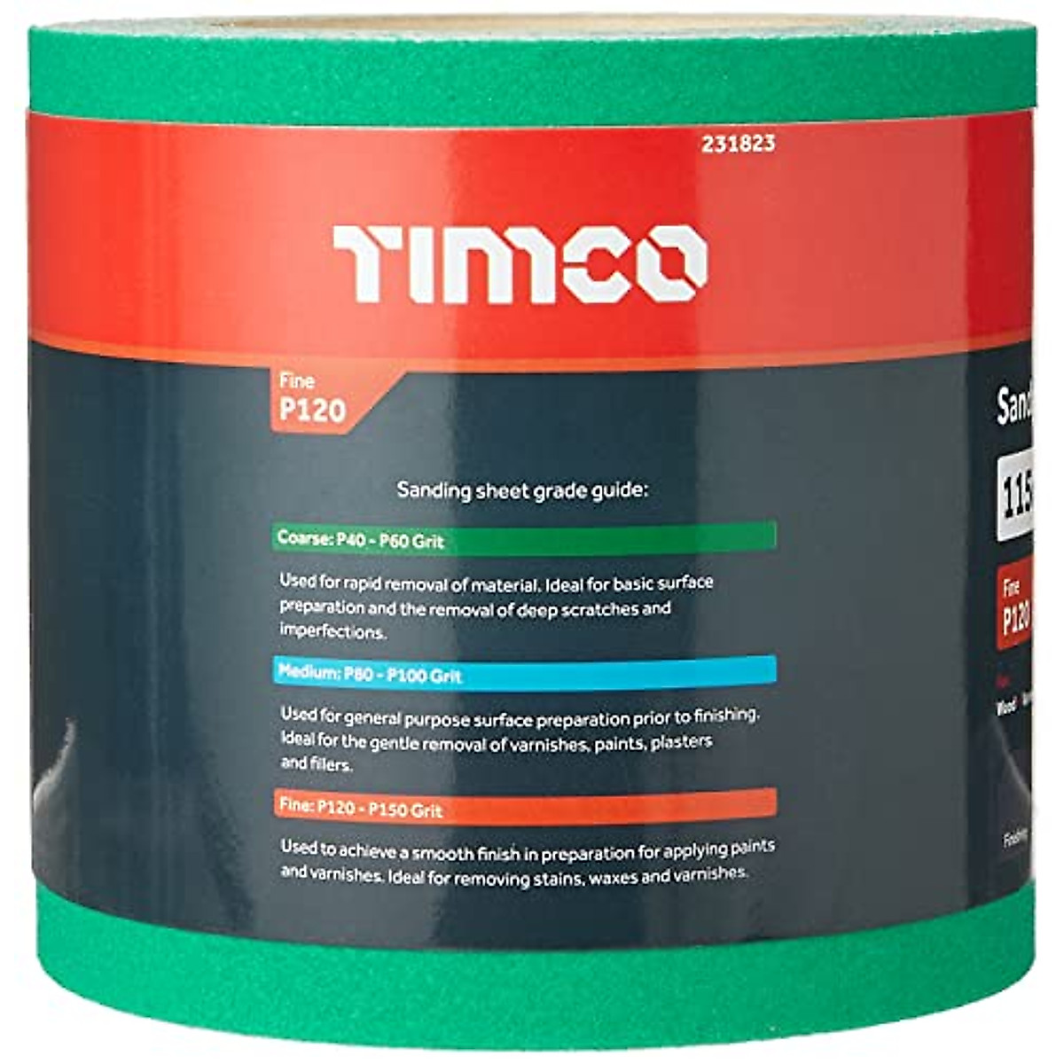 TIMCO 231823 Sandpaper Roll 120 Grit Green - 115mm x 10m