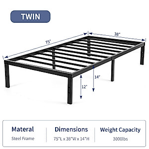 NOAH MEGATRON 14 Inch Twin Bed Frame No Box Spring Needed,3000LBS Heavy Duty Black Metal Platform for Toddler Adults,Under Storage,Noise Free,Easy Assembly
