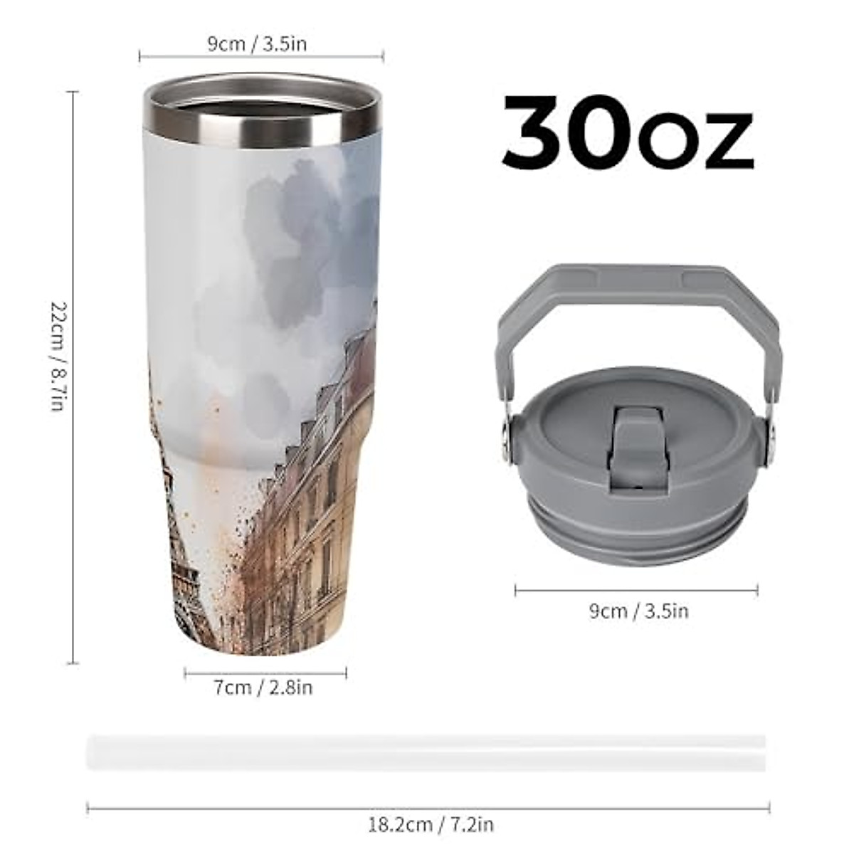 BWQJKUO Large Capacity Car Cup 30 Oz Stainless Steel Watercolor Paris Printed Travel Mug Leak-proof Flip Straw Tumbler with Handle,keeps Cold Or Ho