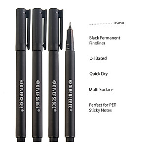 DIVERSEBEE Fine Tip Pens, 4 Pack Quick Dry Markers, Bible Journaling Pens, School Art Supplies, Transparent Sticky Notes Writing Pens, Black Fineliners, Fine Tip Markers for Planners and Notebooks