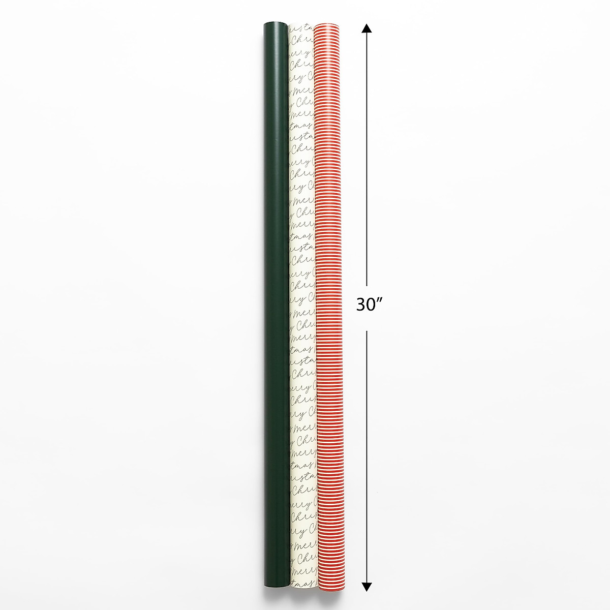Merry Market 3-pack Premium Satin Christmas Wrapping Paper, Minimal Holiday Gift Wrap, Red Stripe, Solid Green and Merry Christmas - 30” x 168” per roll, 105 square feet total