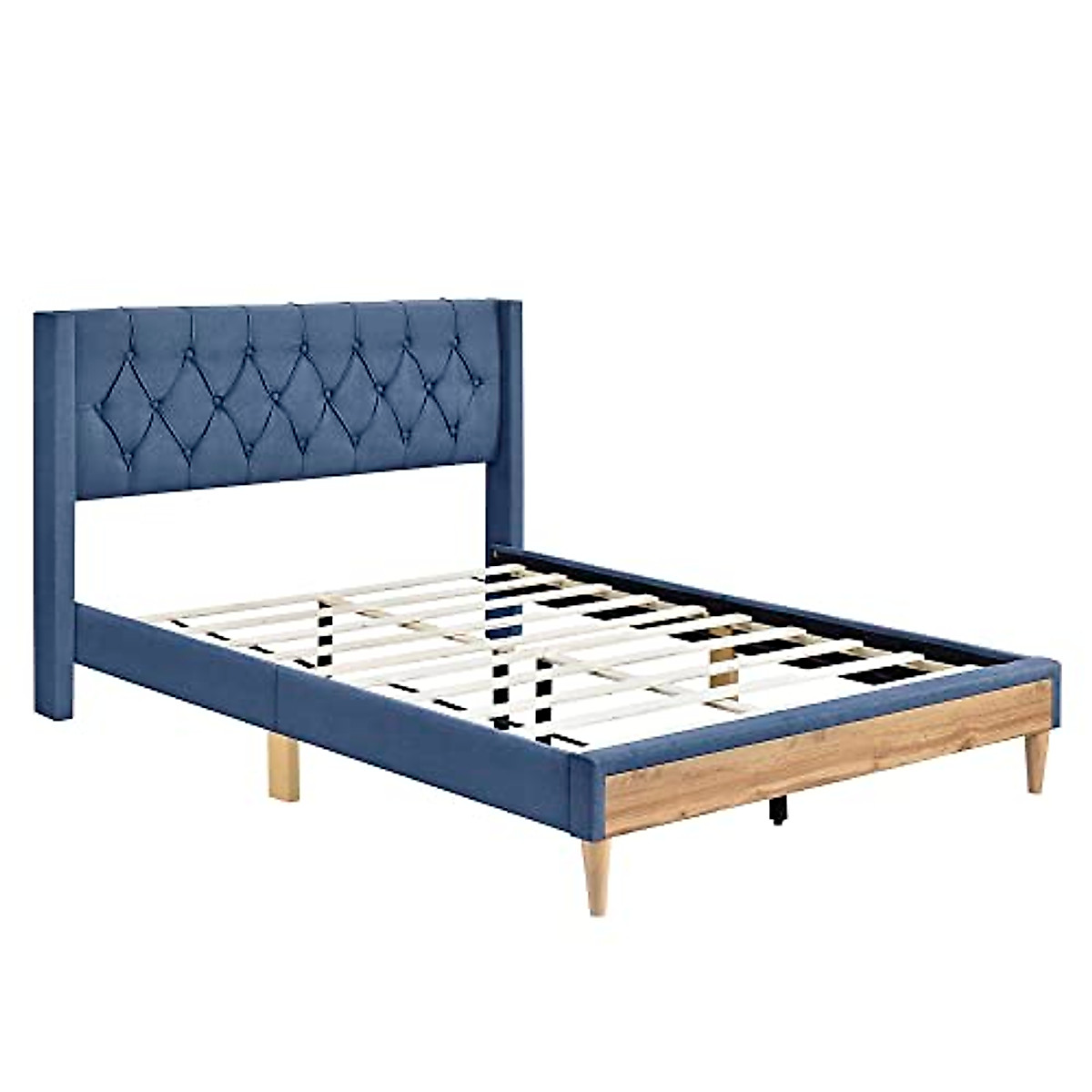 Lifeand Full Size Upholstered Platform Bed with Rubber Wood Legs,No Box Spring Needed, Linen Fabric,Blue