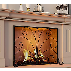 Fire Beauty Fireplace Screen,Handcrafted Wrought Iron Decorative Mesh,Flat Guard Metal Furnace Fireguards Mesh,Fireguards Safe Spark Protector for Living Room,Wood Burning Stove Accessories (Black)