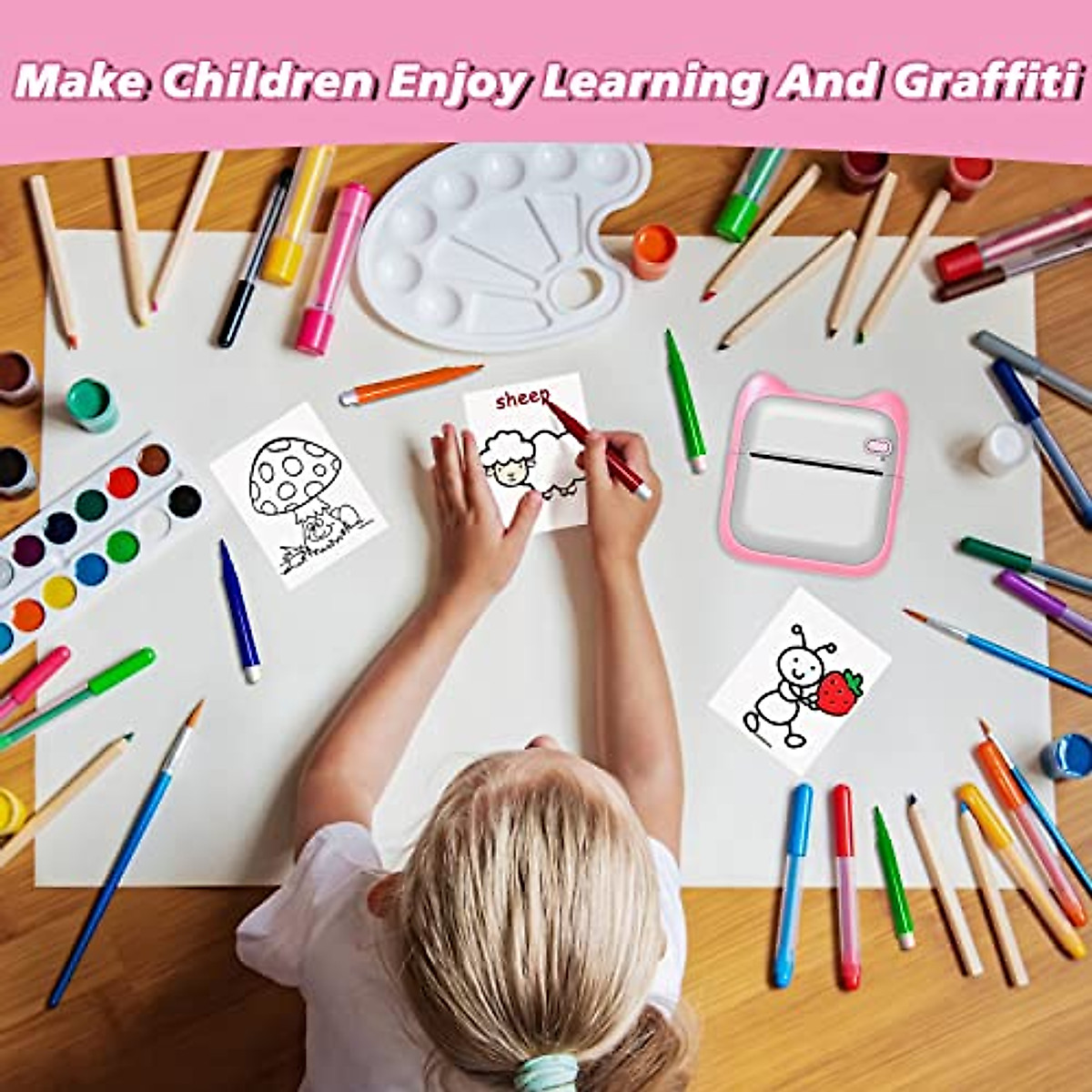 FasionMior 新品 Mini Printer Sticker Maker, Portable Thermal Sticker Printer, Bluetooth Inkless Pocket Printer Compatible with iOS & Android, Inkless Printer Mini with 10 Rolls Paper & 5 Color Pens