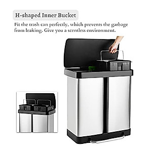 Arlopu 16 Gallon Dual Trash Can, 60L Stainless Steel Kitchen Garbage Can, Step-on Classified Recycle Garbage Bin with Removable Inner Buckets, for Kitchen, Living Room, Office, Silver (2x30L)