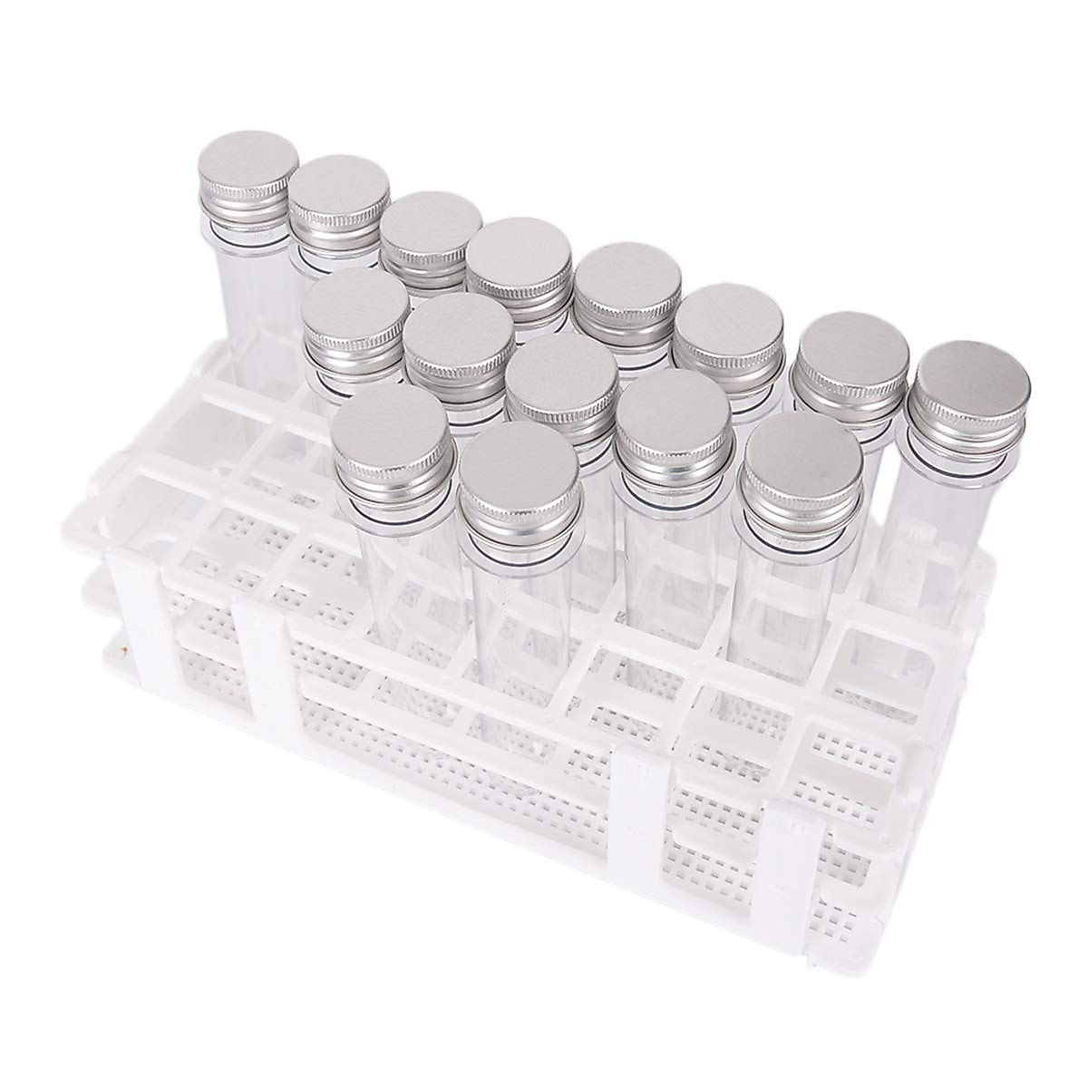 15 Pack Test Tubes with Rack - Buytra 40ml Clear Plastic Test Tube Gumball Candy Tube with Caps 25x140mm - 24 Holes Detachable Test Tube Rack Holder for 25mm Tubes