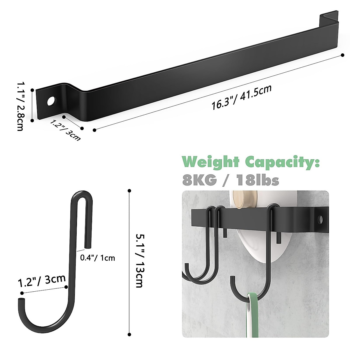 Housolution Kitchen Rail with 15 Hooks, 16 Inch Kitchen Utensil Hanger Utensil Rack Wall Mounted Hanging Utensil Holder for Kitchen, Black