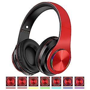 Bluetooth Headphones Over Ear Headphones with Deep Bass LED Foldable Stereo Headphones, Wired and Wireless Headset for Smart Phone/TV/PC(Red/Black)