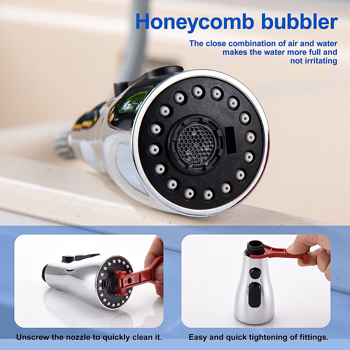 Pull Down Kitchen Faucet Sprayer Head Replacement Part, 3 Function kitchen Sink Faucet Replacement Nozzle, Spray Head for American Standard Faucets, Kohler, Hansgrohe, Grohe, Moen, Delta, Chrome