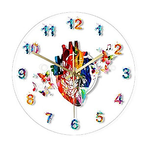 Wall Clocks12 inch Heart Design Anatomy Watercolour Painting Print Acrylic Wall Clock Medical Office Art Decor Cardiovascular Artwork Wall Clock Easy to Read