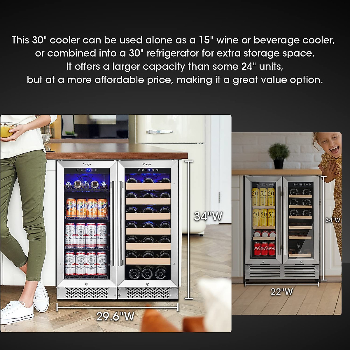 Yeego 30 inch Wine and Beverage Refrigerator&Wine and Beer Fridge,Two 15" Wine Beverage Coolers Under Counter Freestanding Wine Beer Fridge, Hold 33 Bottles and 80 Cans (Two Pack)