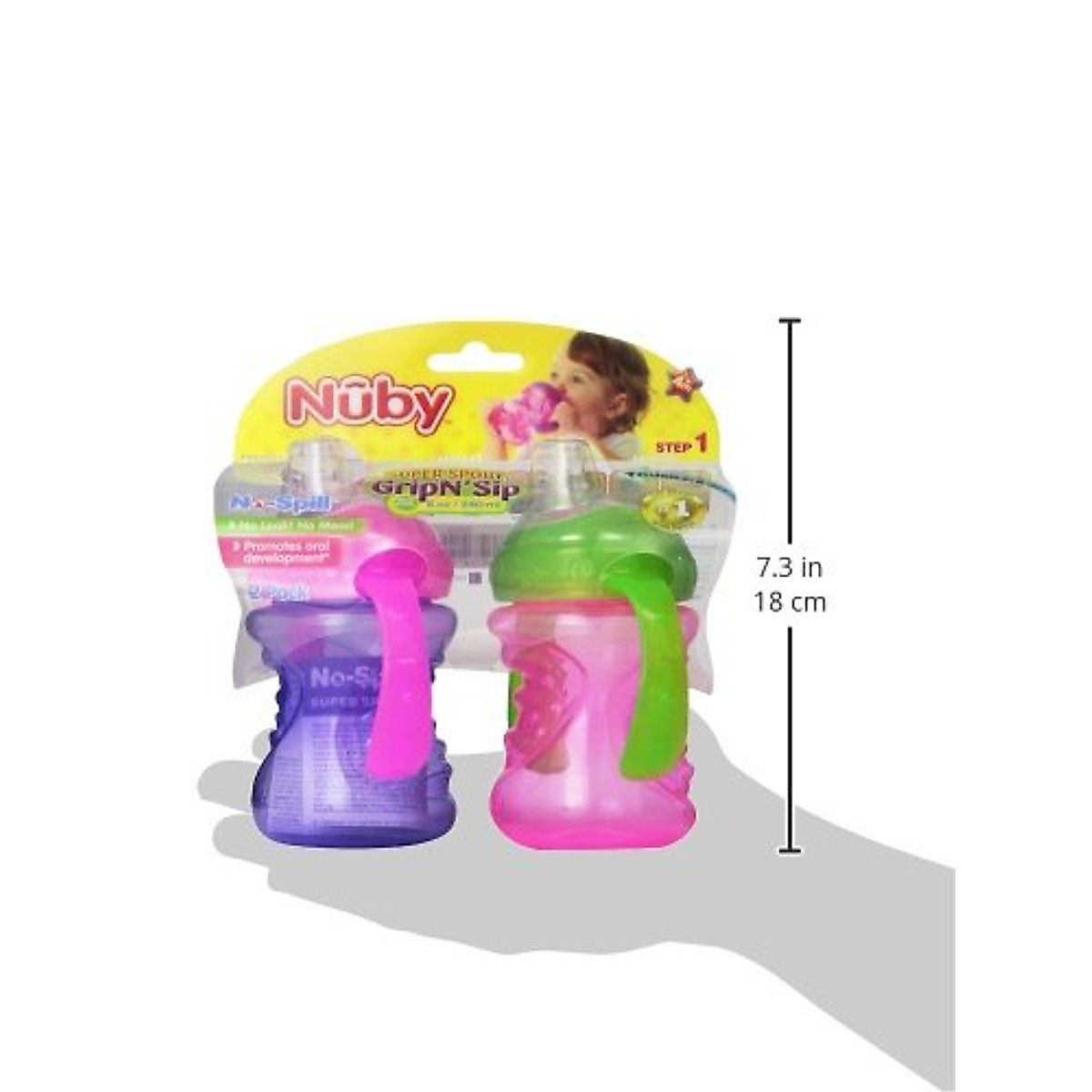 Nuby 2-Pack Two-Handle No-Spill Super Spout Grip N' Sip Cup, 8 Ounce, Colors May Vary