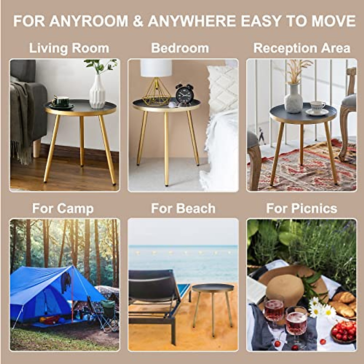 AOJEZOR Round End Table Ideal for Any Room, Metal Structure Side Tables Great For Living Room, Bedroom, Indoor, Outdoor, Matte Gray Tray with 3 Gold Legs Accent